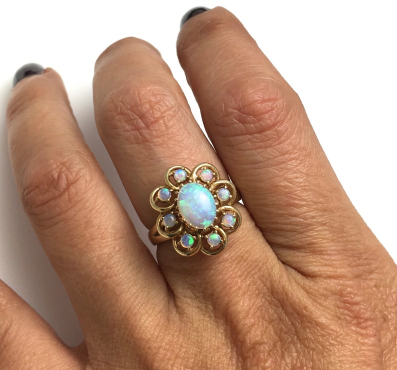 Opal Flower Ring 14k Yellow Gold Oval and Round Cabochon | Etsy