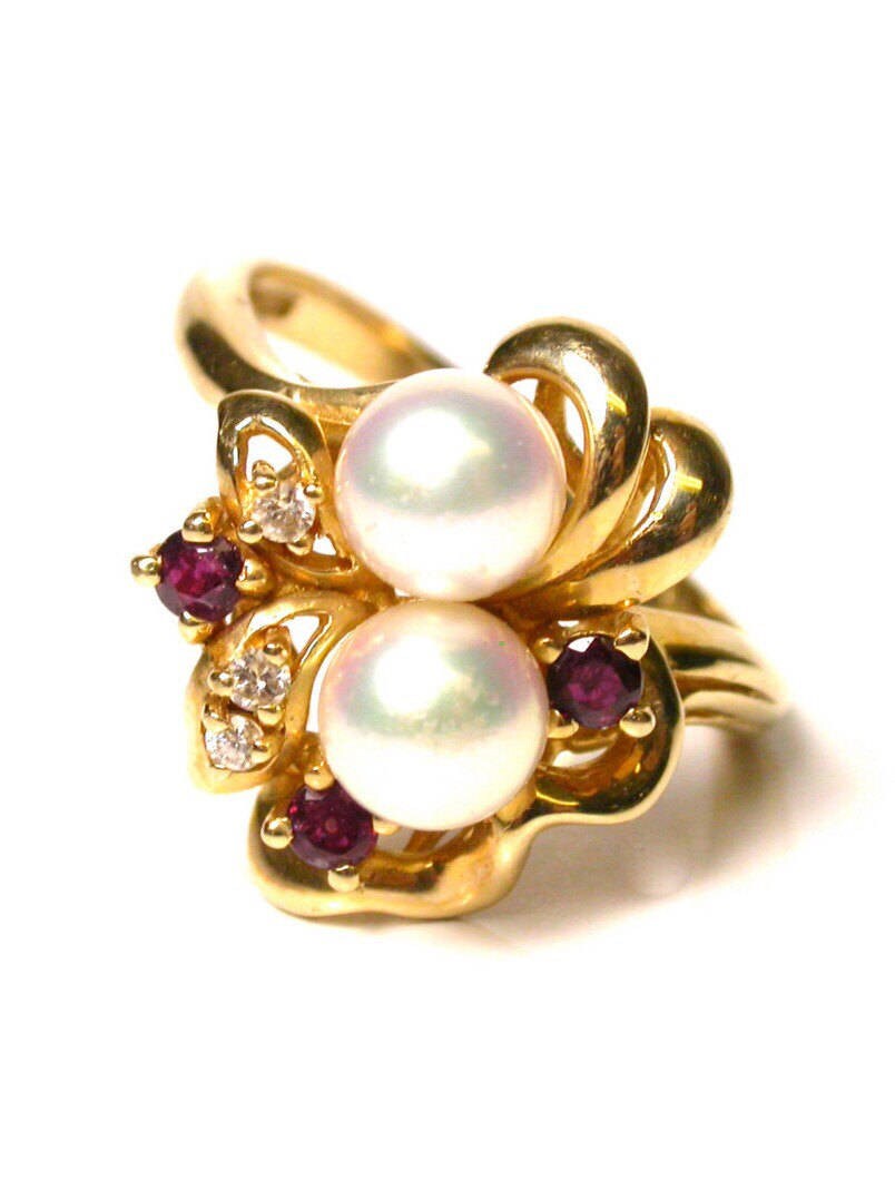 14k Yellow Gold Cultured Pearl Ruby and Diamond Ring Size 8 | Etsy