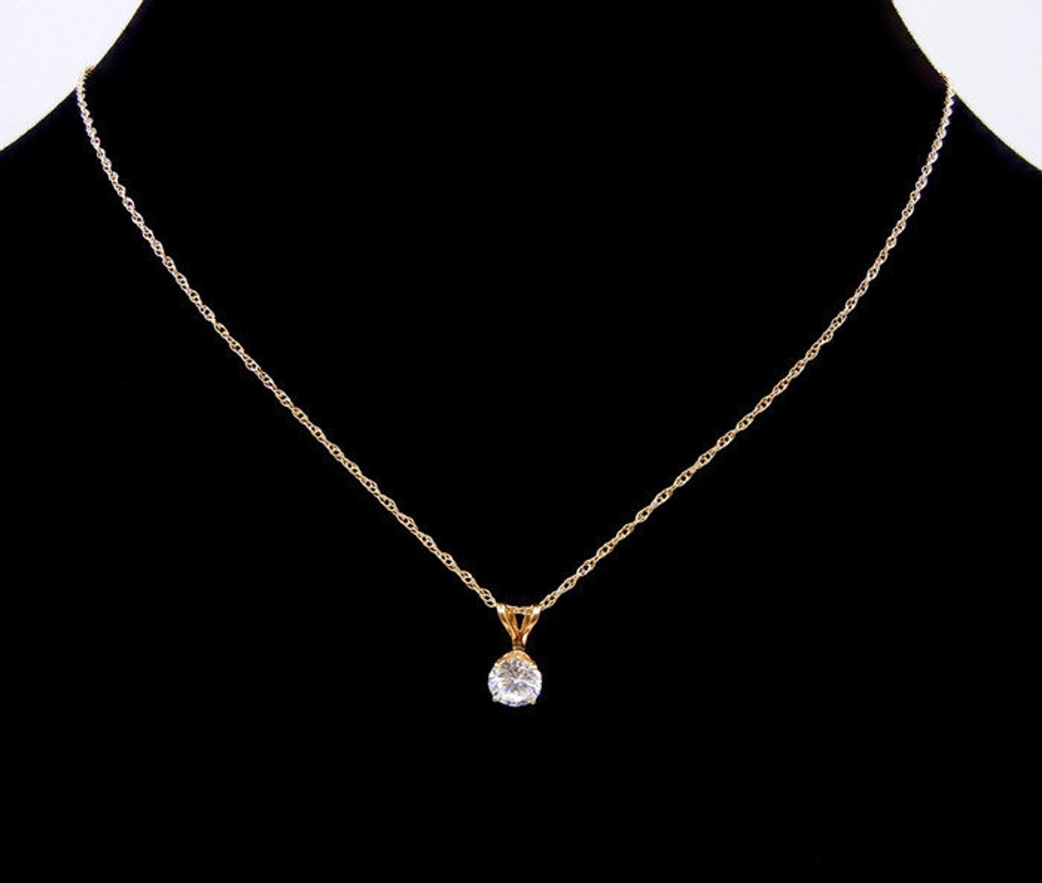 14K Yellow Gold Cubic Zirconia Pendant Necklace Round CZ | Etsy