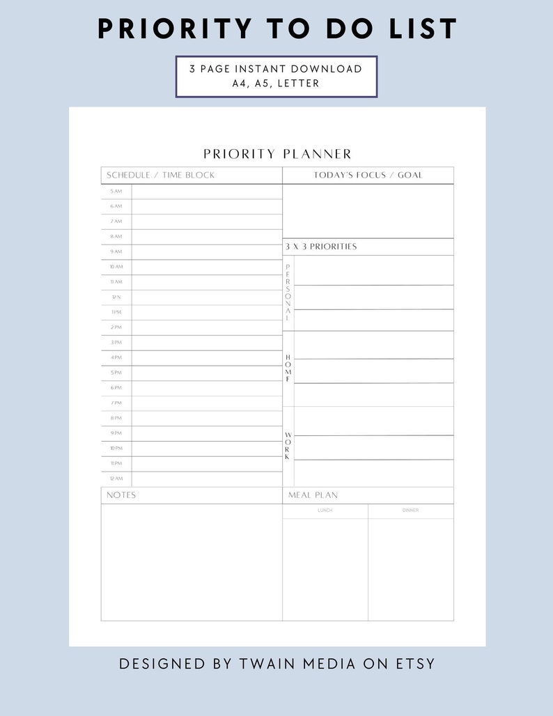 Priority Planner, Daily to Do List Printable, Daily Task List Template ...