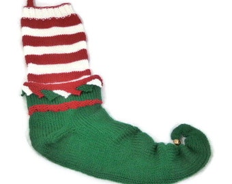 Hand Knit Christmas Stocking Elf Stripe Green Gray Cherry Red Heart ...