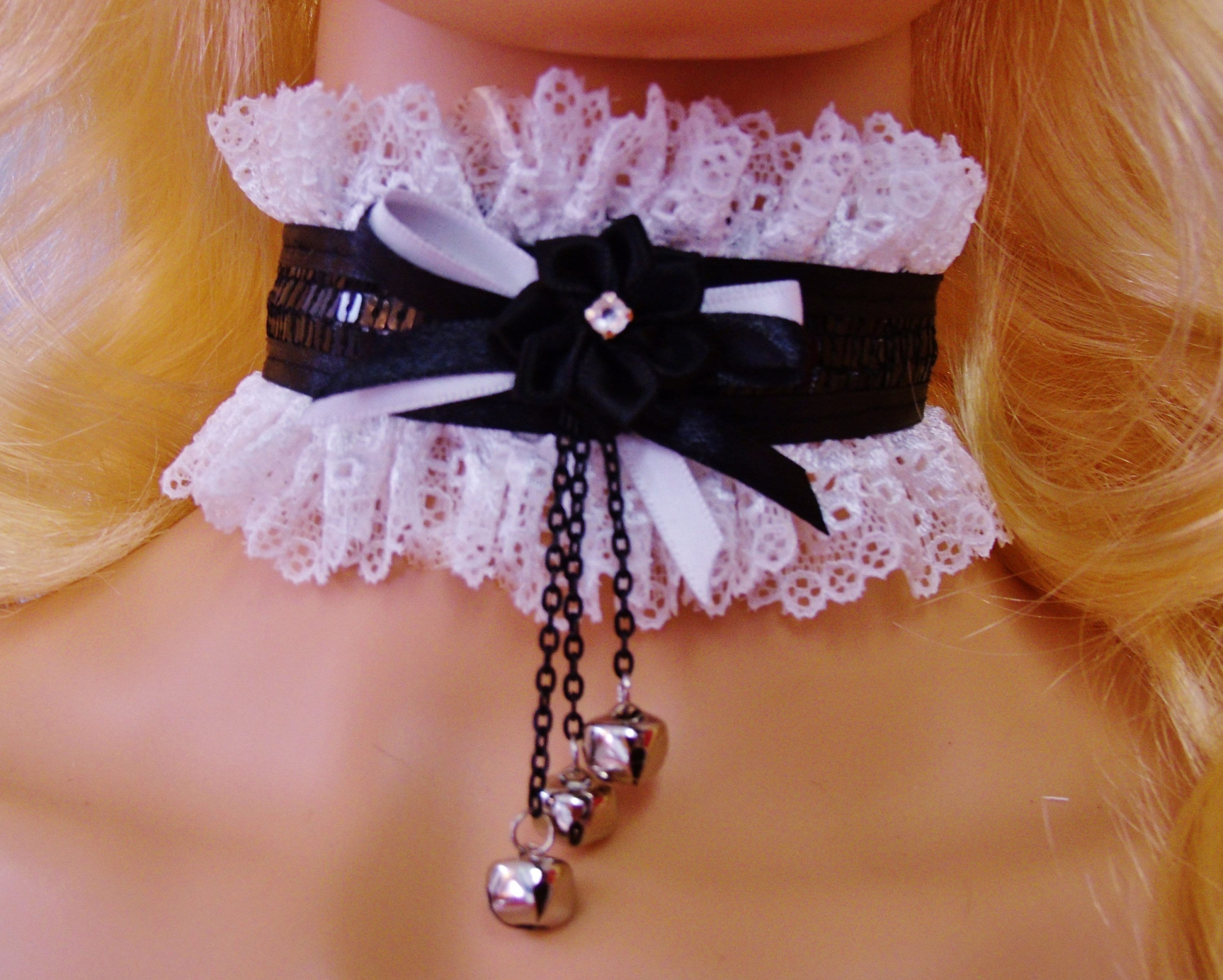Any Size Choker Collar Locking Black White Lace Bells French Maid - Etsy