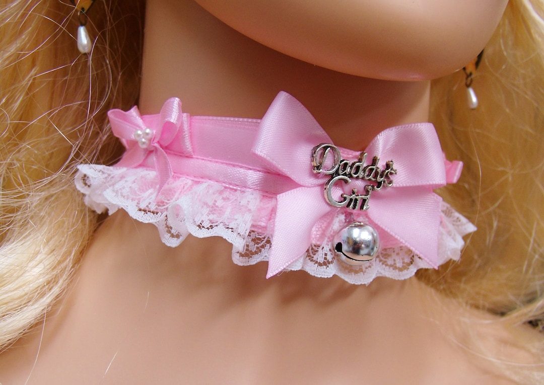 All Sizes, 5 Bell Options, Daddy's Girl Choker Pink Lace Lock Collar ...