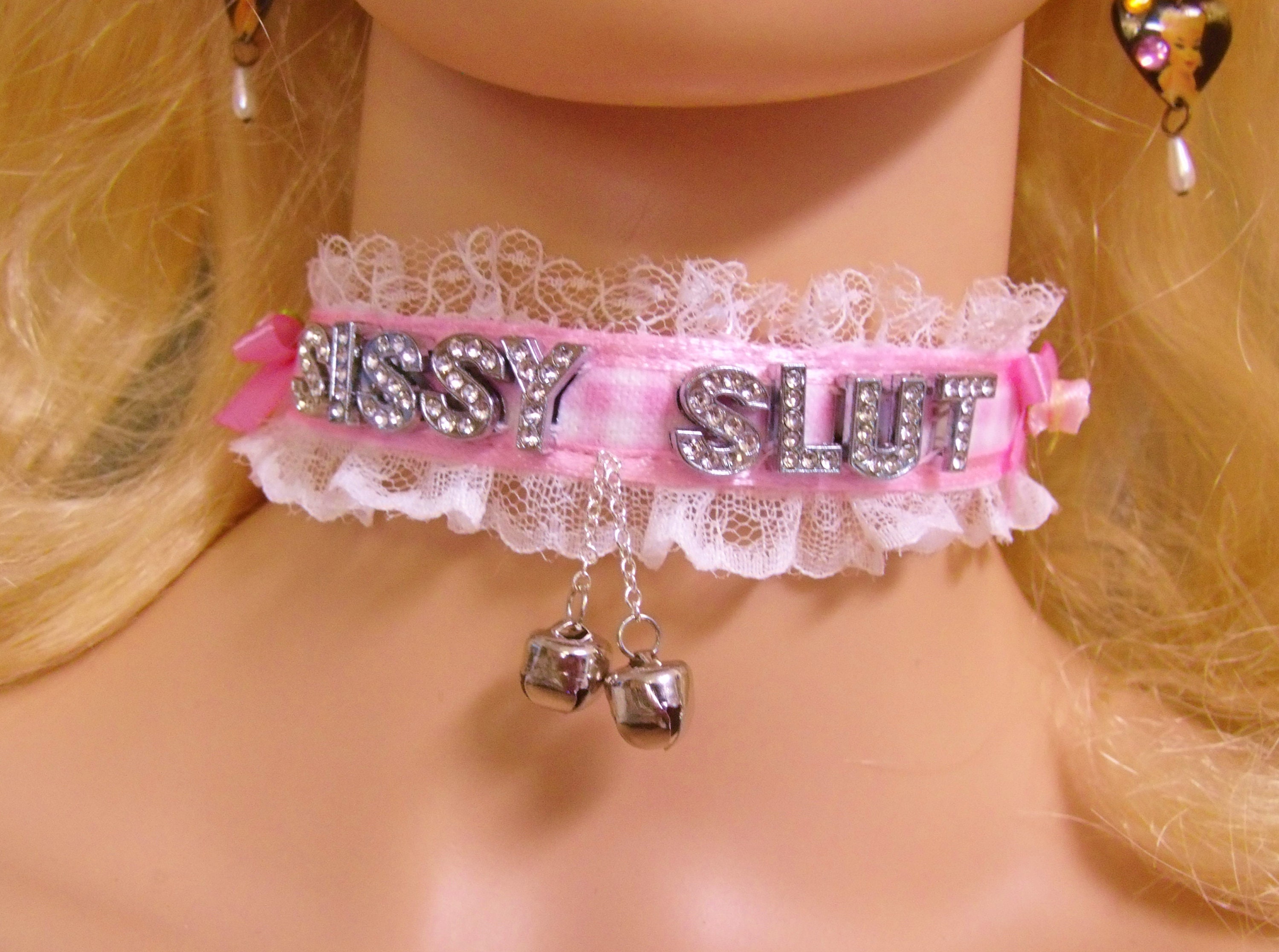 Any Size Any Words Personalized Choker Collar Pink Lace Lock Bell Etsy