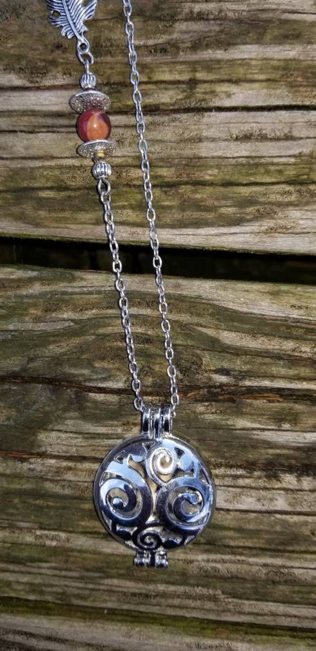 Silver Essential Oil Diffuser Necklace With Feather Link and Mookaite ...