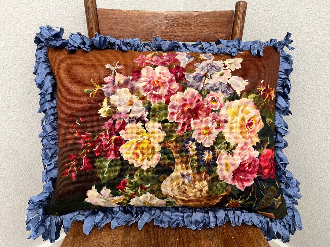 Needlepoint Roses Pillow~loop Ribbon~velvet - Etsy