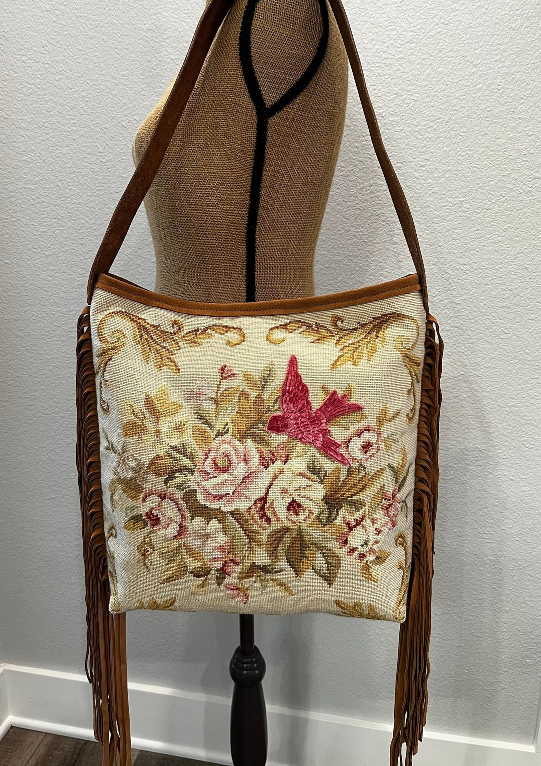Vintage Petit Point Needlepoint Roses Velvet Bird Fringe Purse - Etsy