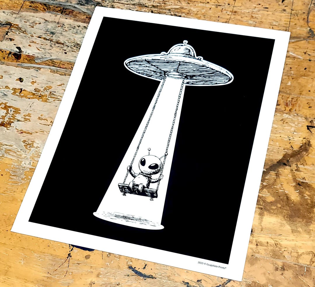 Alien on Swing Art Print: Whimsical Space Decor - Etsy