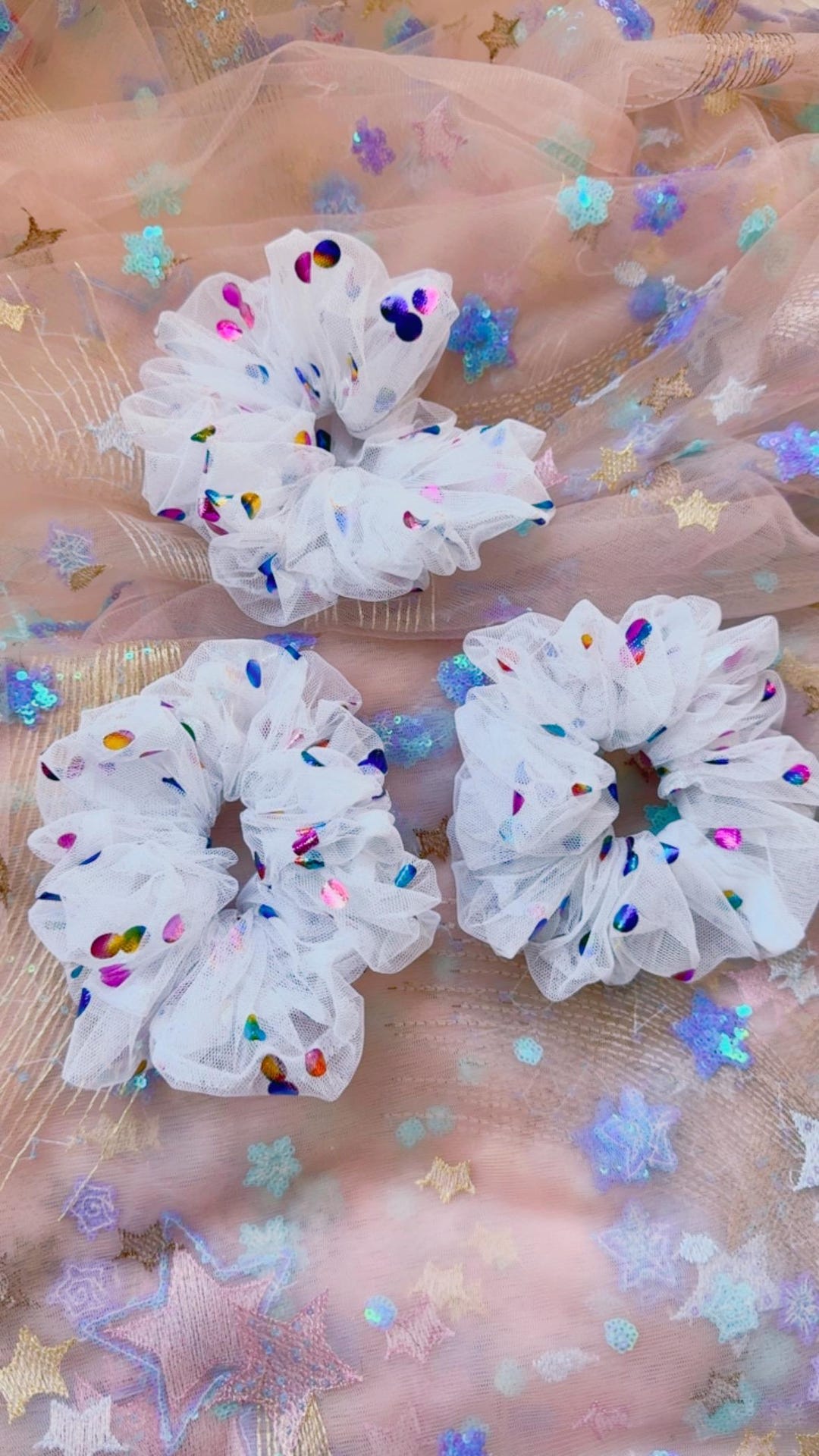 White Party Dots Scrunchie, White With Rainbow Confetti Dots Scrunchie ...