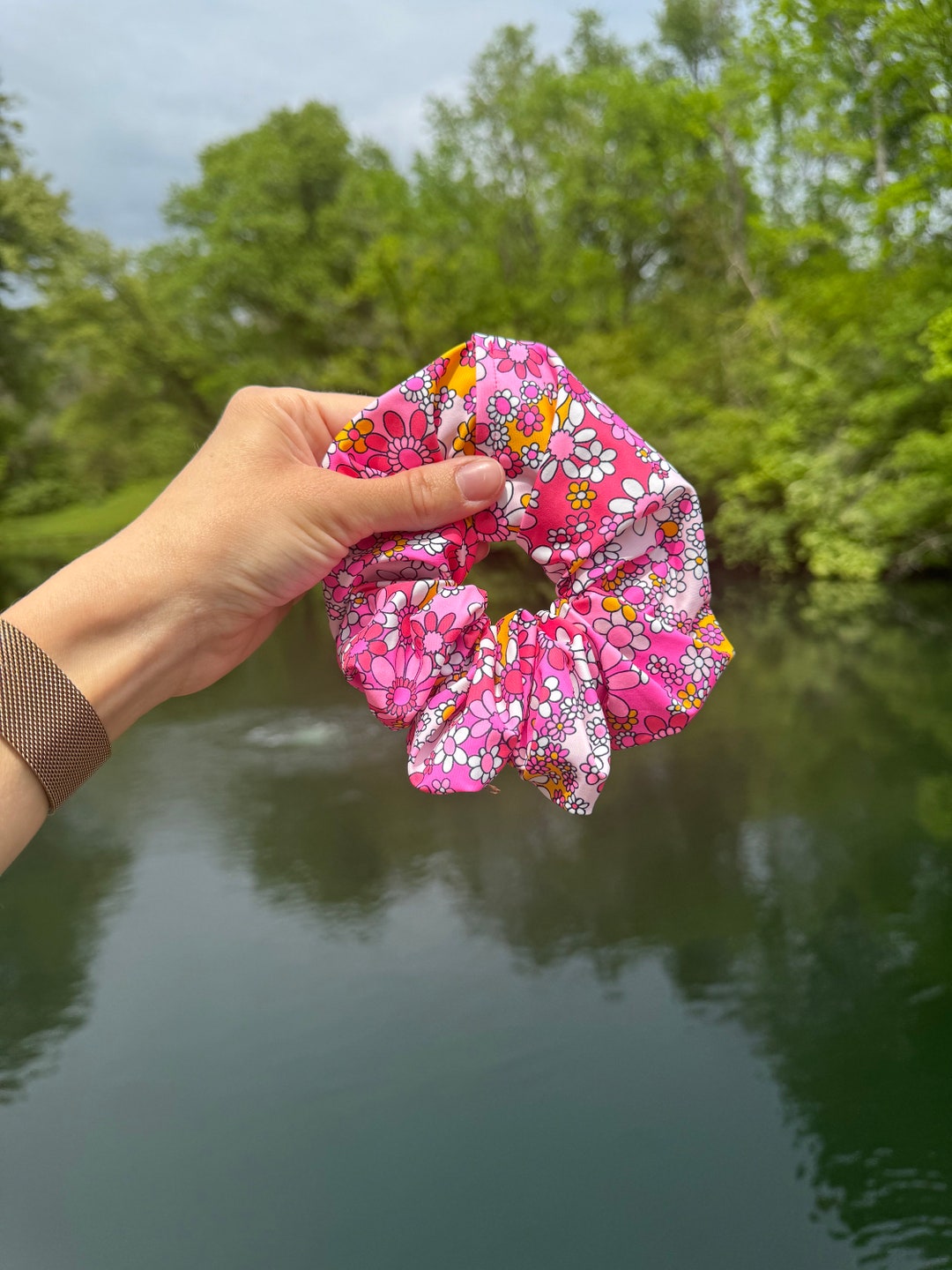 Retro Pink Floral SWIM Scrunchie, Pool Scrunchie, Swimsuit Scrunchie ...