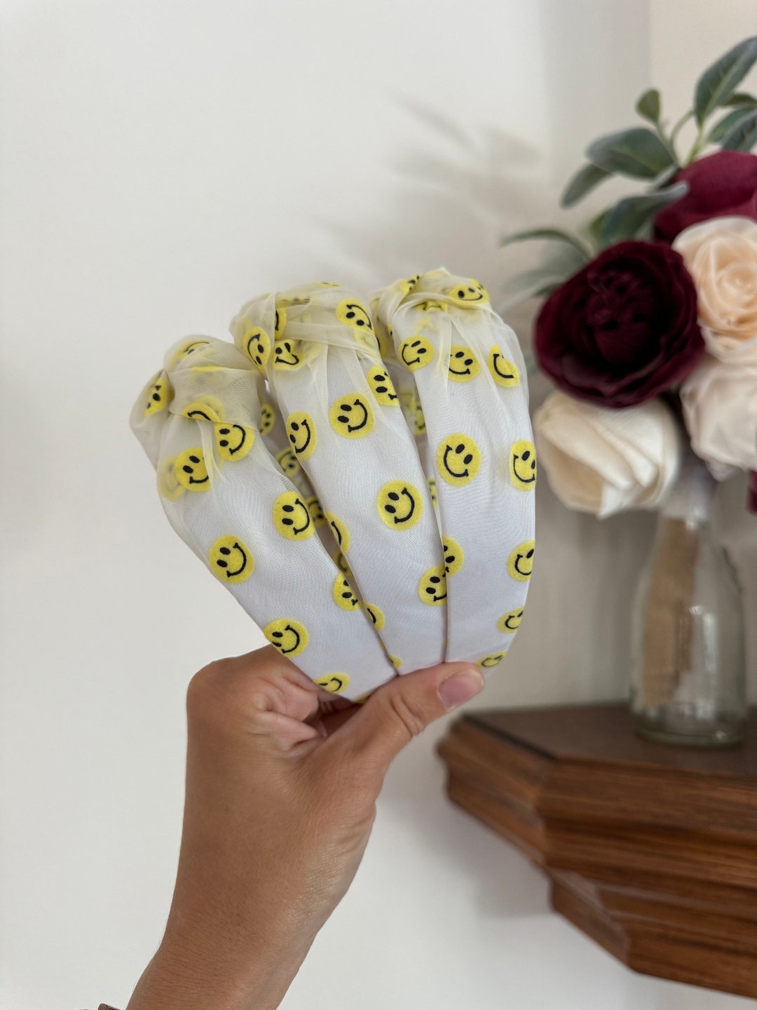 Smiley Face Headband , Top Knot, Mesh Headband, Smiley Headband ...