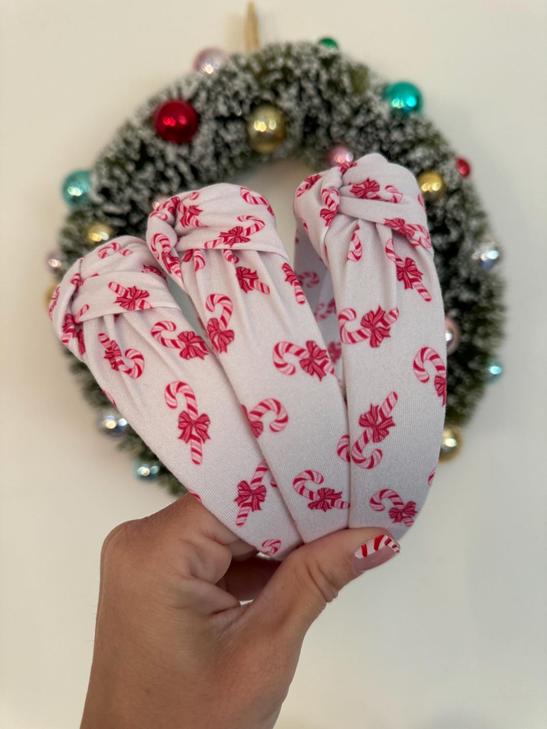Pink Candy Cane & Bows Top Knot Headband, Holiday Headband, Hard ...