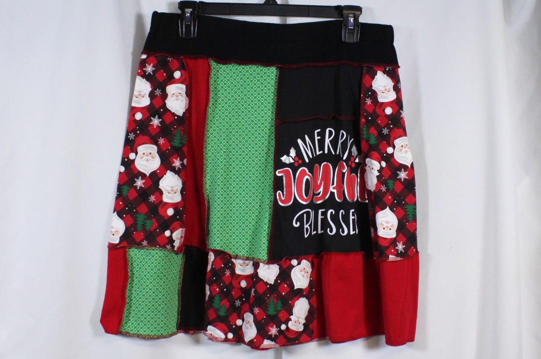 Santa Claus Christmas Skirt Upcycled Patchwork Recycled T-shirts Above ...