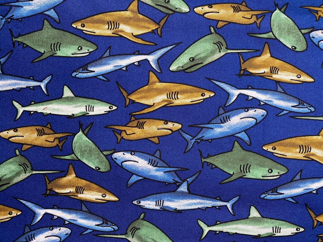 Shark Fabric - Sharks on Blue Background, Extra Wide 59 Inches Long ...