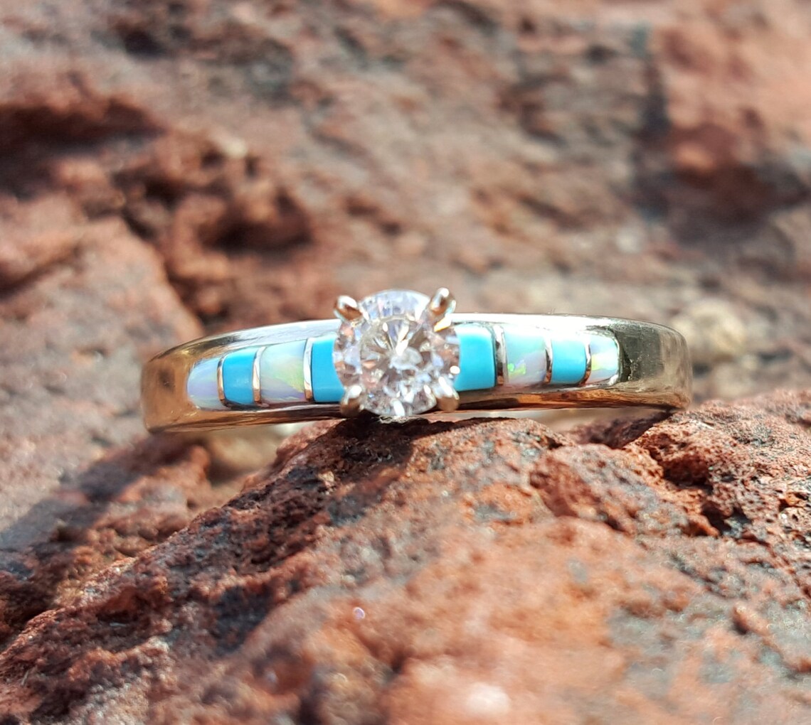 Dainty Turquoise and Opal Diamond Solitaire Engagement Ring - Etsy