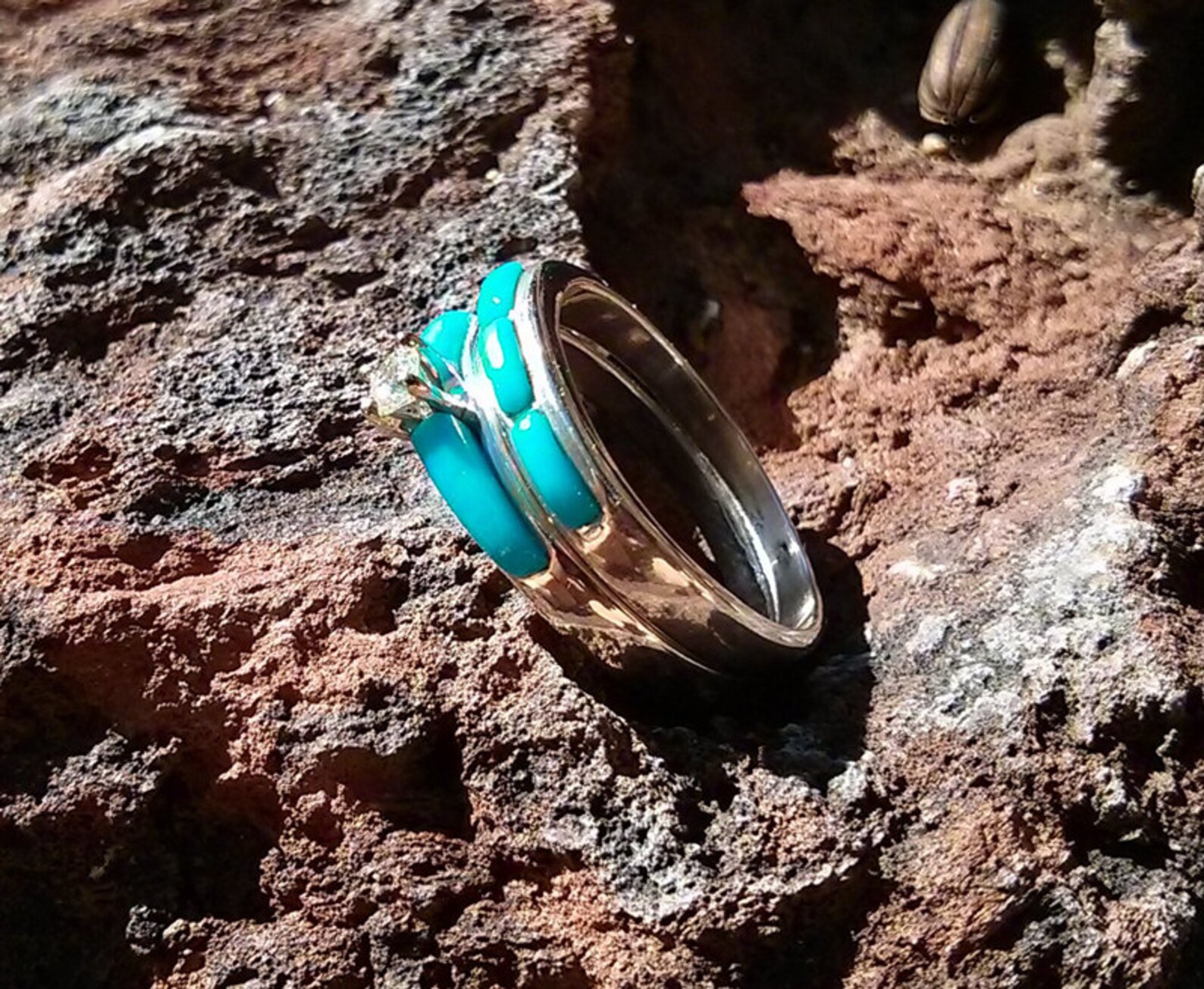 Turquoise Inlay Diamond Engagement Ring and Wedding Band Custom Bridal ...