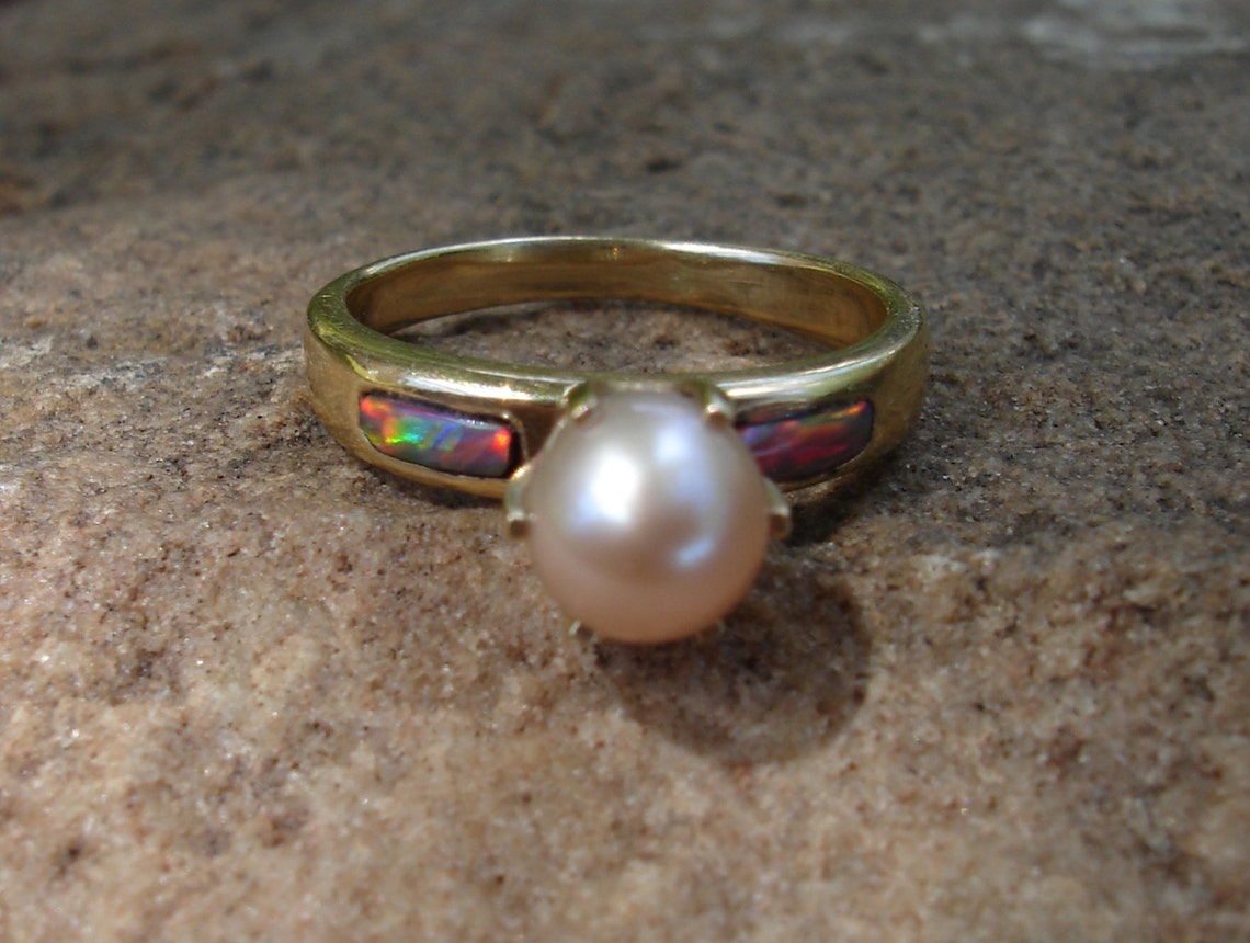 Pink Pearl Fire Opal Inlay Gold Ring Made to Order - Etsy