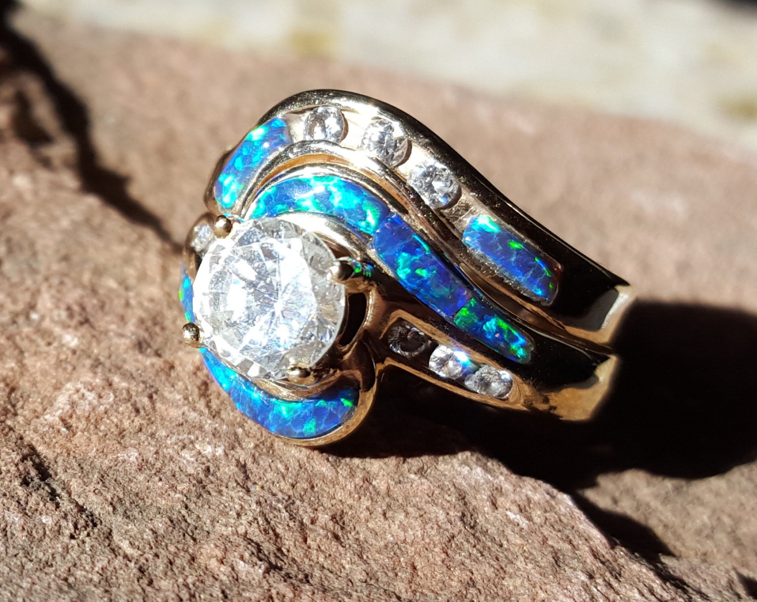 Grand Galaxy Diamond Opal Inlay 14k Gold Engagement Ring and Jacket Set ...