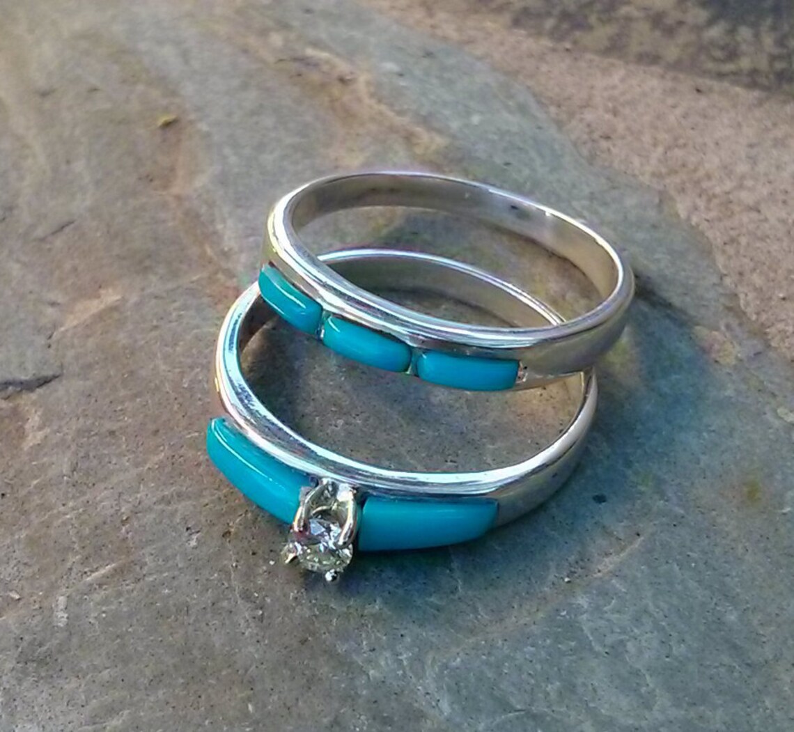 Turquoise Inlay Diamond Engagement Ring and Wedding Band Custom Bridal ...