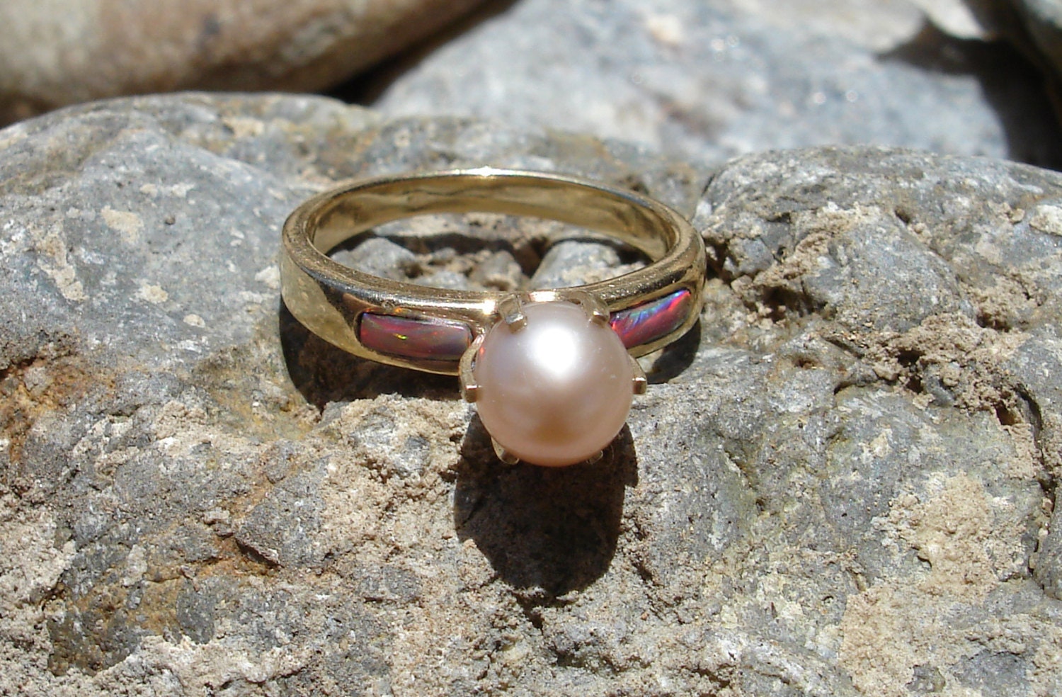 Pink Pearl Fire Opal Inlay Gold Ring Made to Order - Etsy
