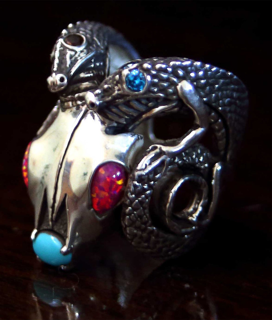 Custom Ram Skull Twin Dragons Men's Ring - Etsy