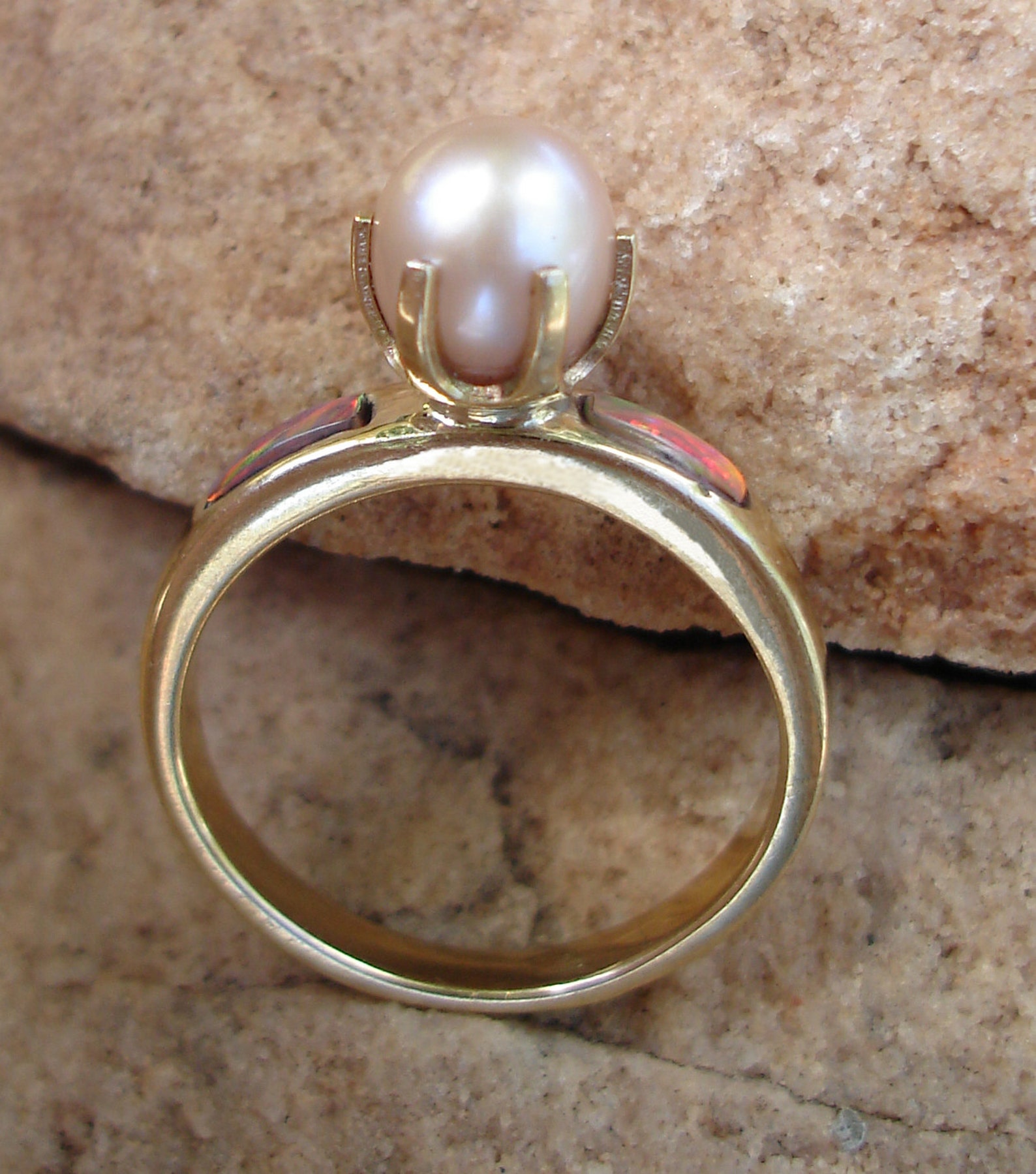 Pink Pearl Fire Opal Inlay Gold Ring Made to Order - Etsy
