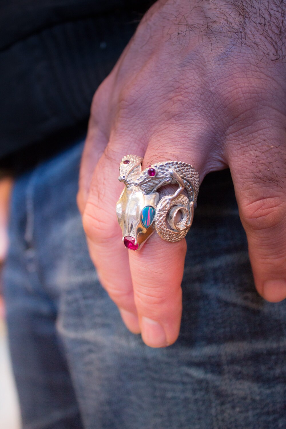 Custom Ram Skull Twin Dragons Men's Ring - Etsy
