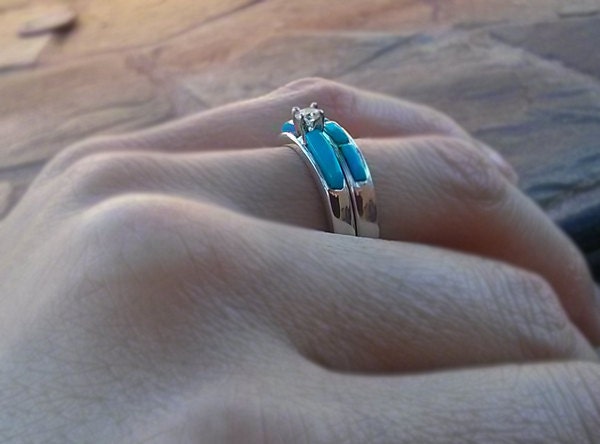 Turquoise Inlay Diamond Engagement Ring and Wedding Band Custom Bridal ...