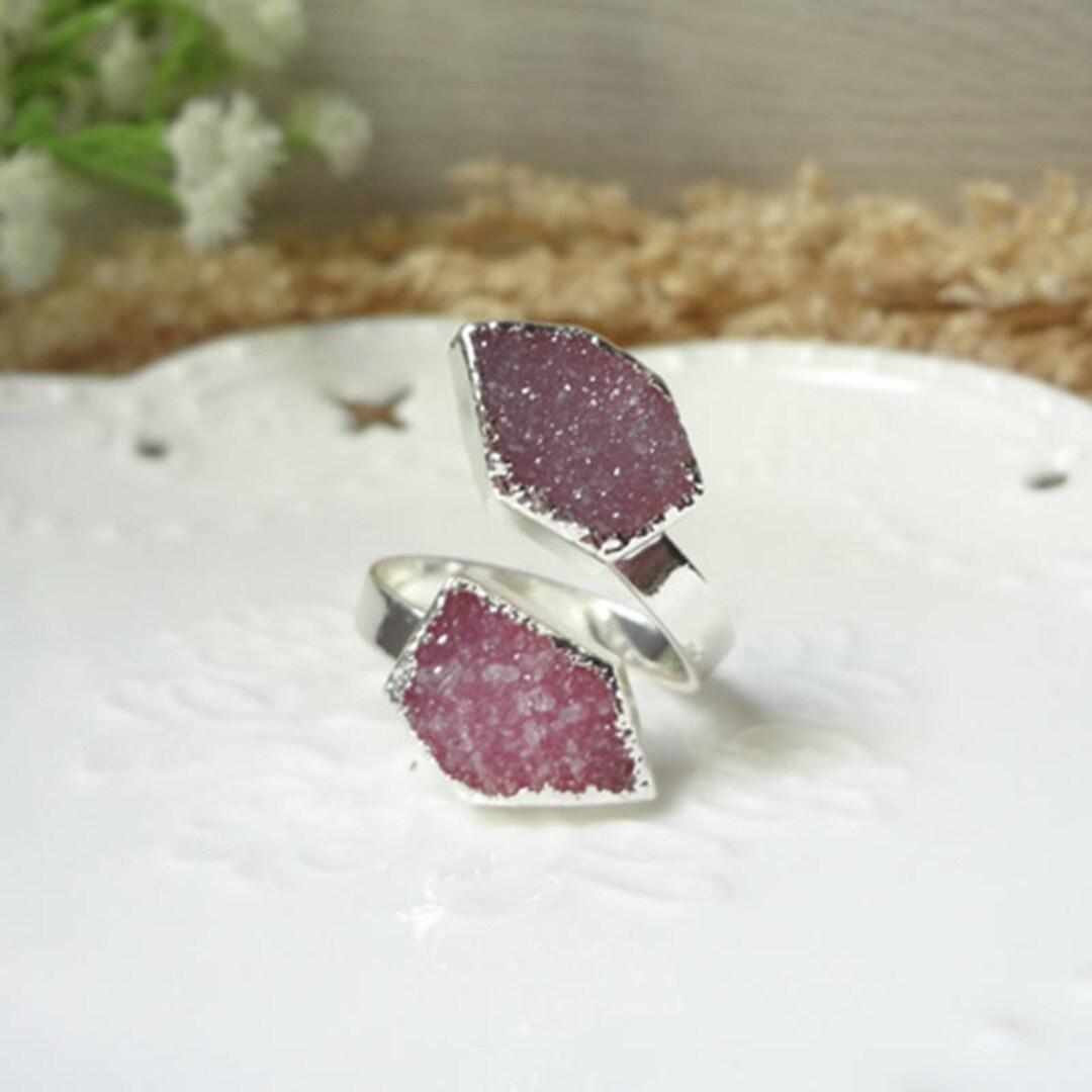 Double Pink Druzy Agate Silver Plated Druzy Drusy Mineral Ring Raw ...
