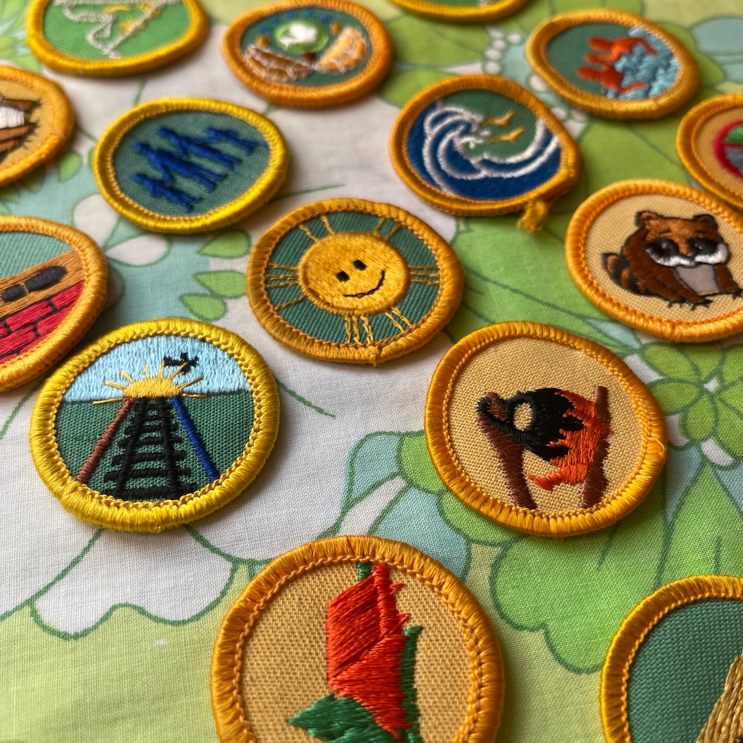VINTAGE Girl Scouts Round Merit Patches | Yellow Embroidered Badges ...