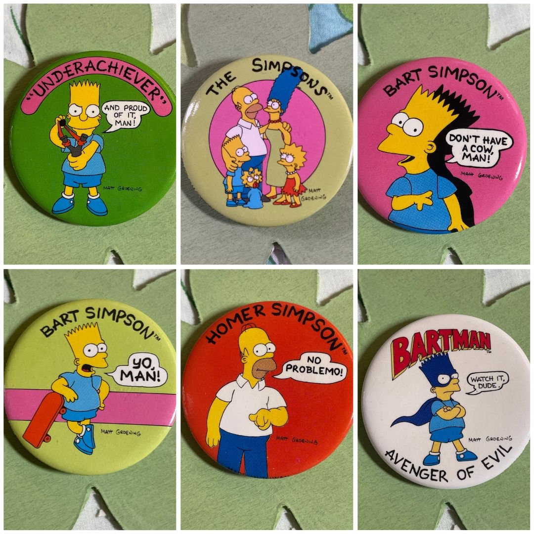 VINTAGE 1989 the Simpsons Pinback Buttons 22B Bart Simpsong Avenger of ...