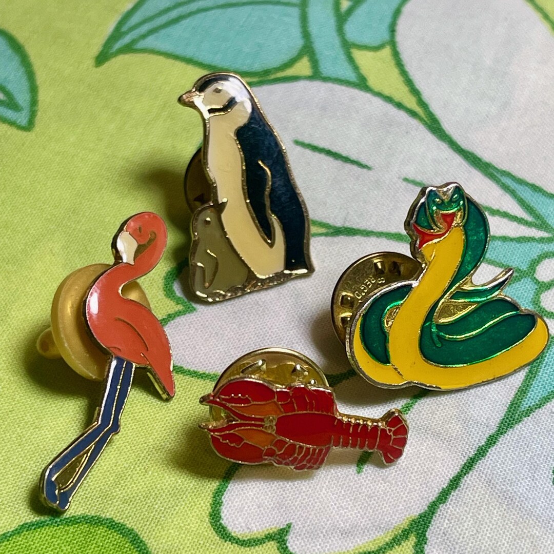 VINTAGE Animal Enamel Lapel Pins | S26 | Flamingo Snake Penguin Lobster ...