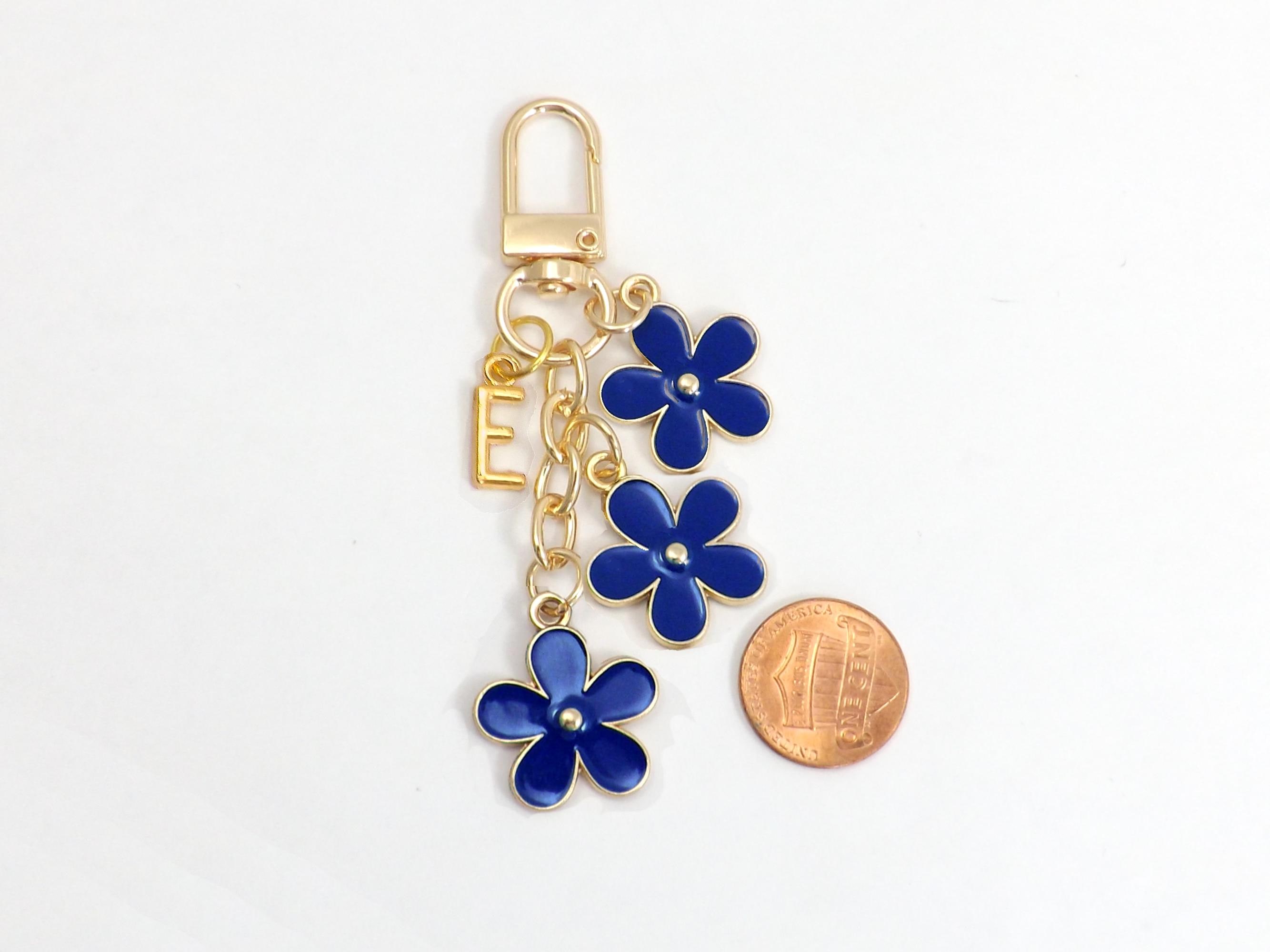 Personalized Blue Flower Bag Charm, Summer Purse Charm, Enamel and Gold ...