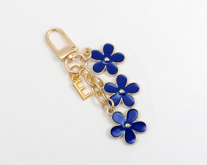 Personalized Blue Flower Bag Charm, Summer Purse Charm, Enamel and Gold ...