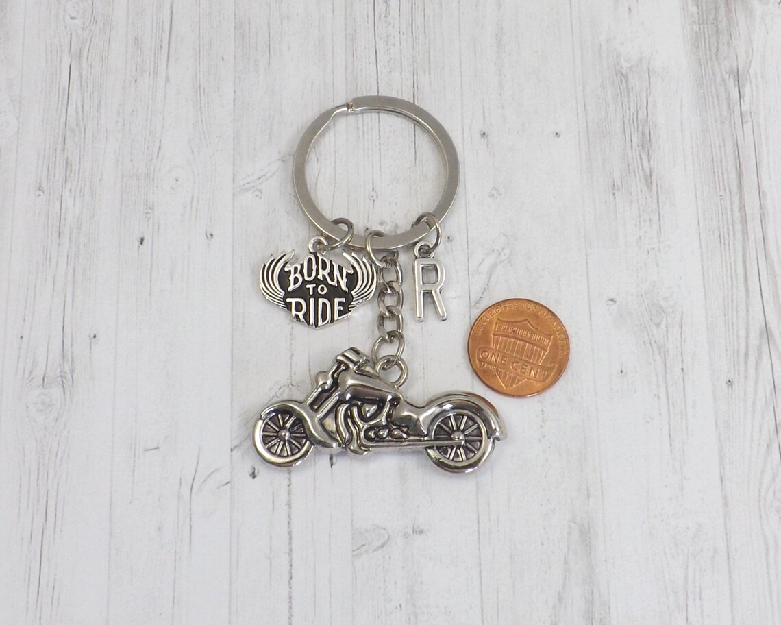 Born to Ride Motorcycle Keychain, Biker Gift With Initial Charm, Bike ...