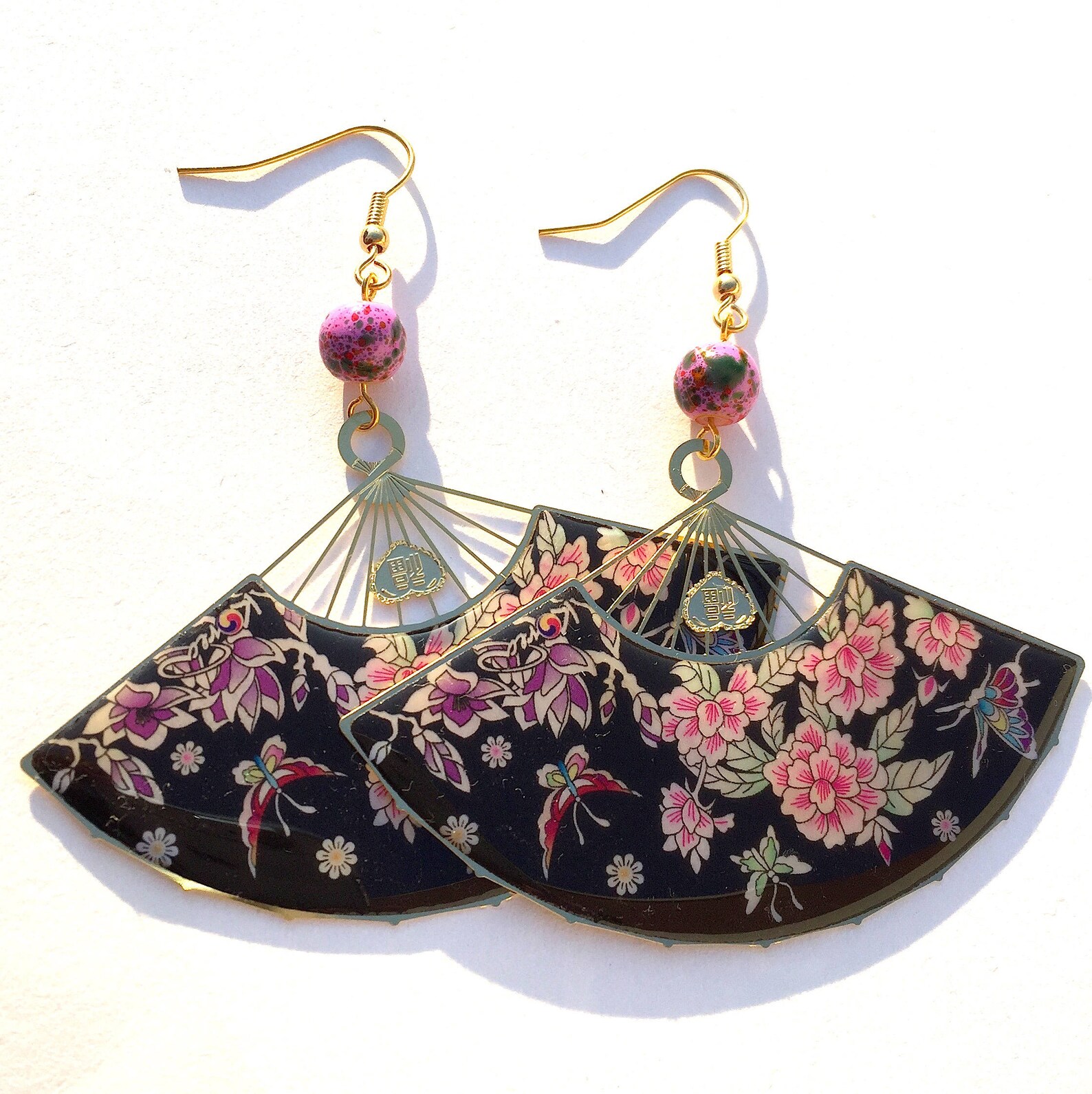 Korean Fan Earrings, Mother of Pearl Fan Earrings, Enamel Fan Earrings ...