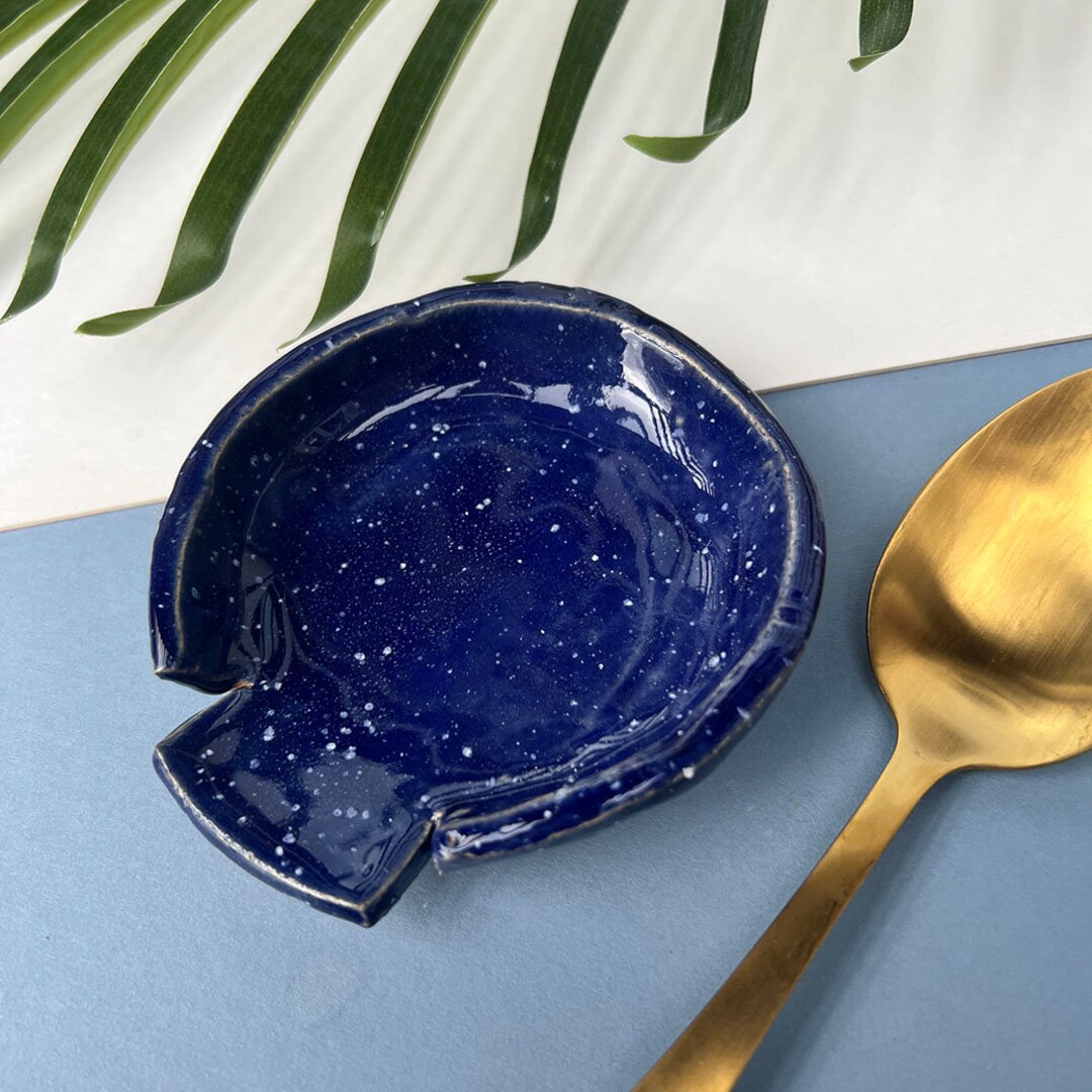 Dark Blue Speckled Spoon Rest - Ceramic Kitchen Decor, Spoon Holder for ...