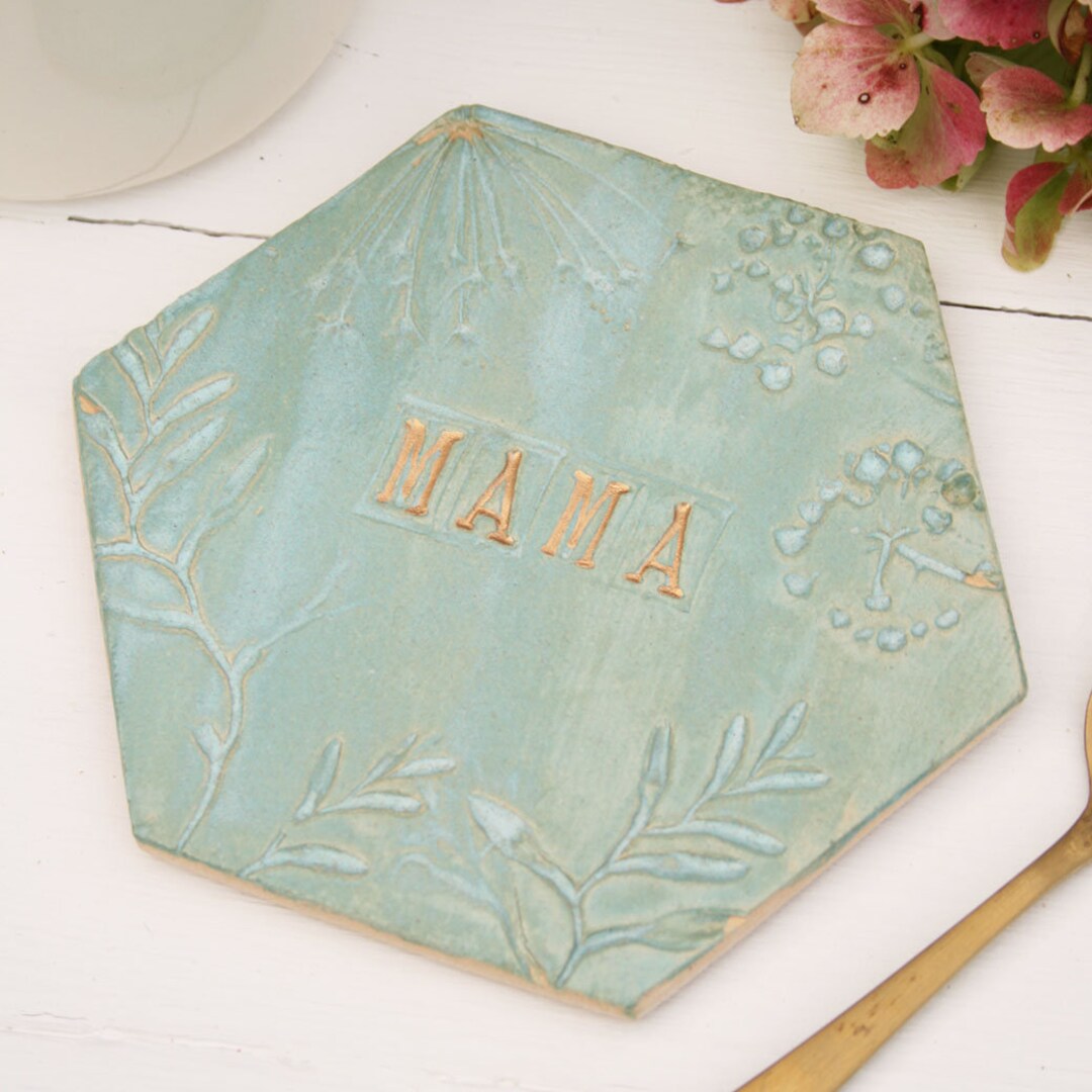 Ceramic Mama Coaster With Pressed Flowers, Hexagonal Ceramic Coaster ...