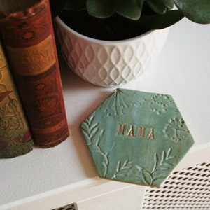 Ceramic Mama Coaster With Pressed Flowers, Hexagonal Ceramic Coaster ...