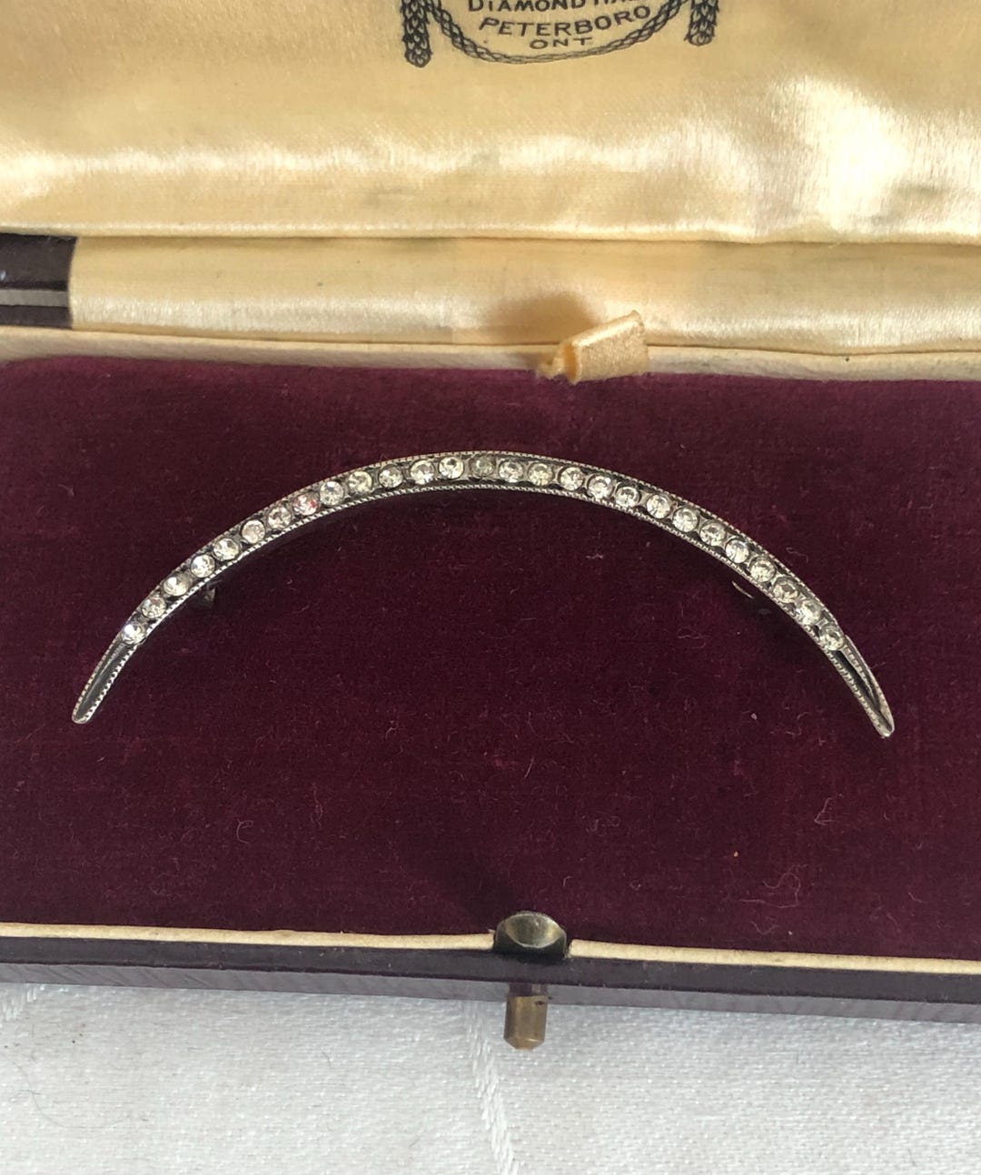 Vintage Crescent Moon Pin With Paste Rhinestones~antique Sterling ...