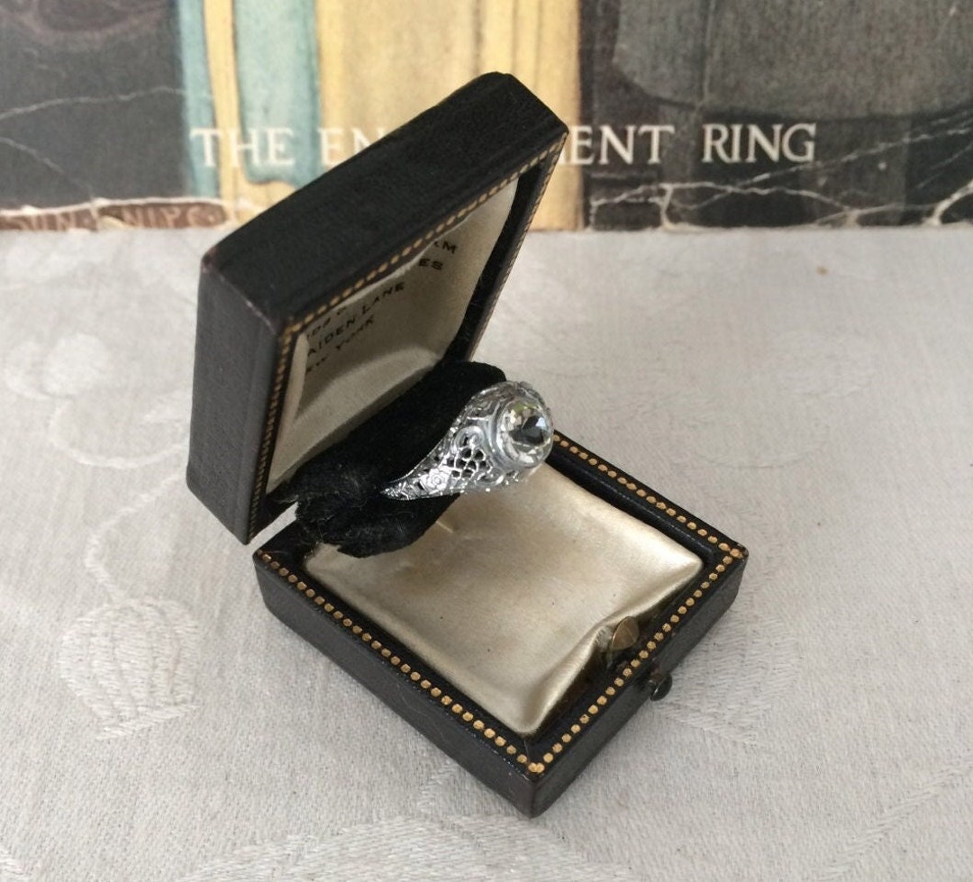 Vintage Tooled Leather Ring Display Box~midnight Black Push Button Ring Box~wedding Ring ...