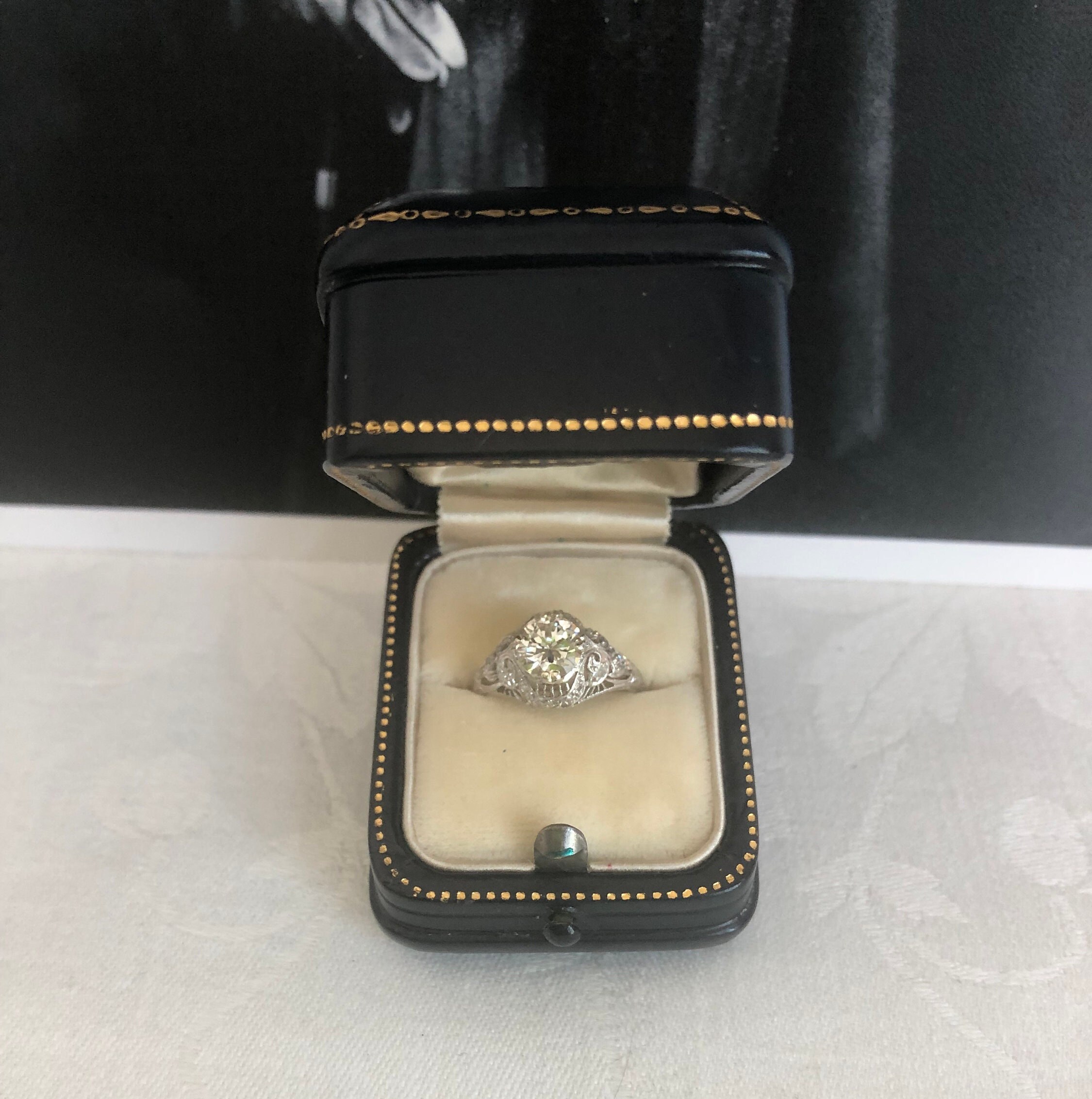 Vintage Leather Push Button Ring Boxlake Tahoe Blue and Gilt High Domed ...