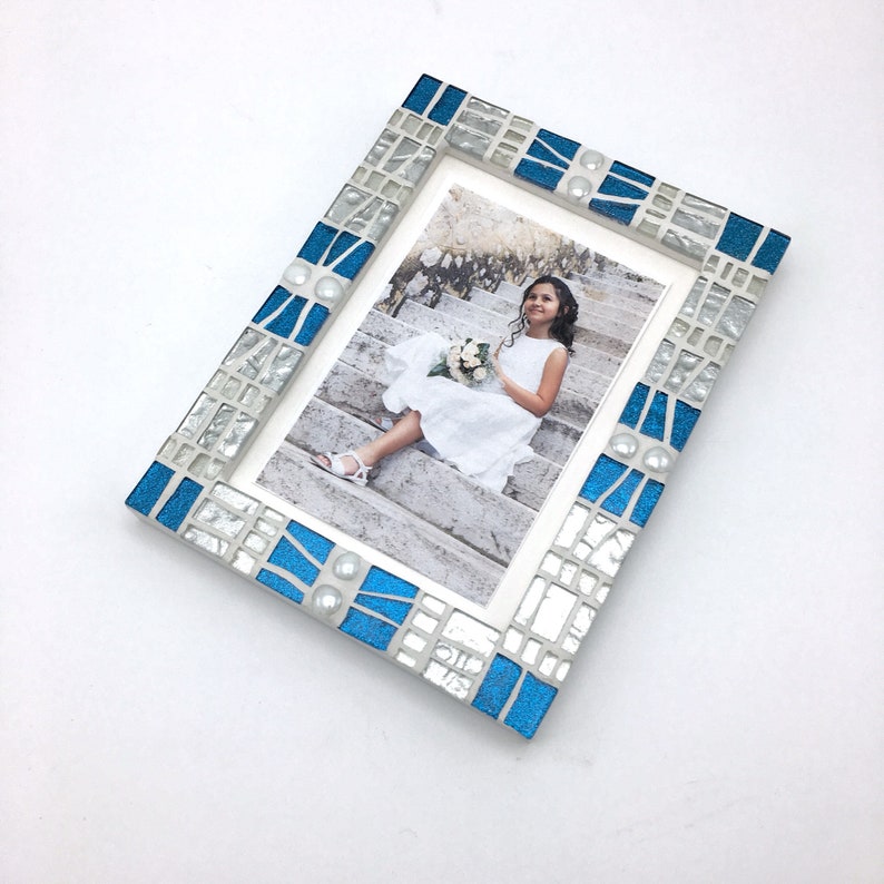 Mosaic Picture Frame Blue Glitter Silver Unique Sparkly | Etsy