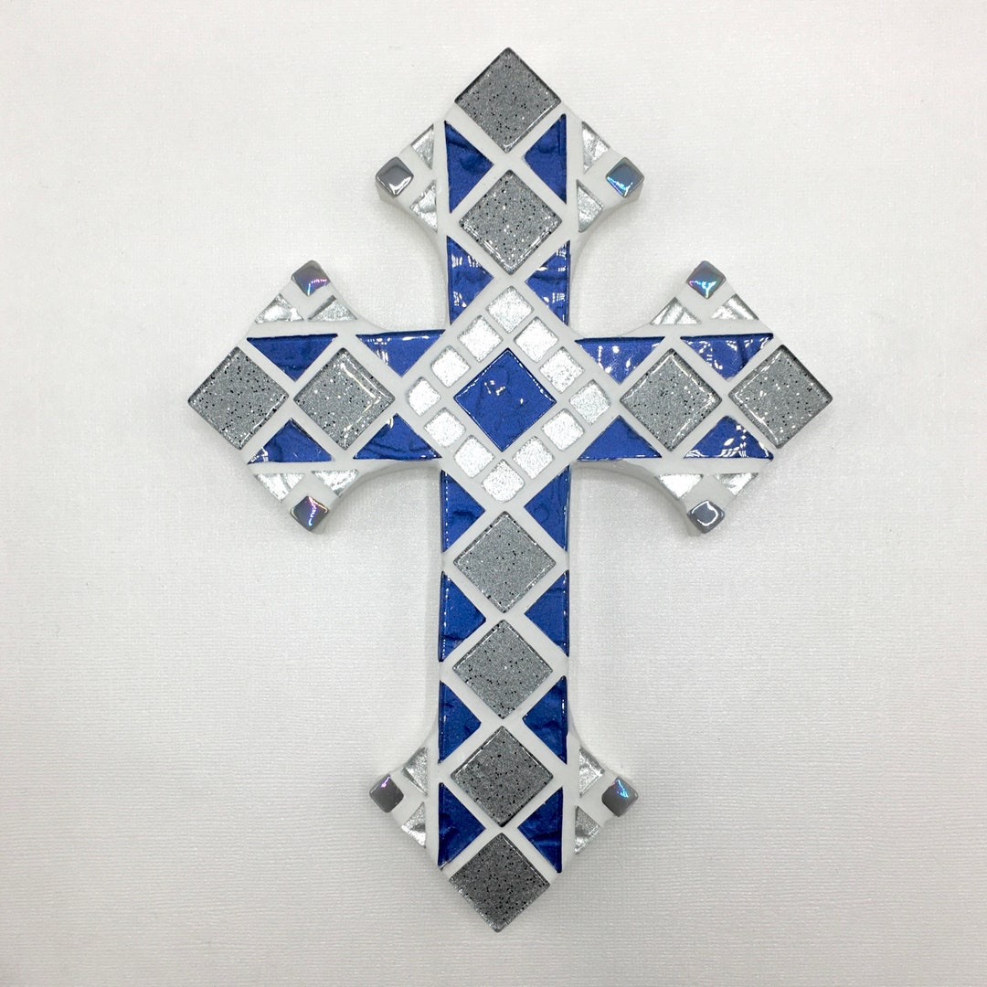 First Communion, Mosaic Wall Cross, Gray Blue, 9x6" Decorative Cross ...