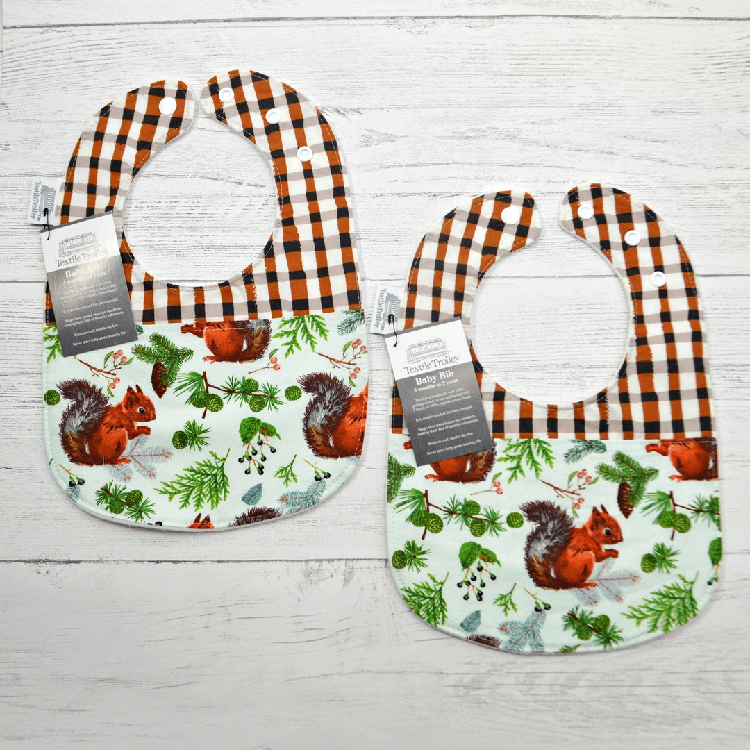 Squirrel and Check Bib, Acorns, Gender Neutral Baby Bib, Baby Shower ...