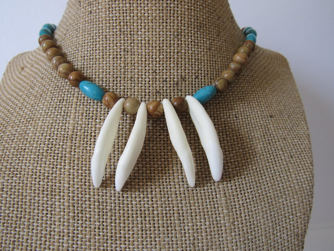 Coyote Teeth Necklace Beaded Tribal Bone Necklace Statement Boho Bone ...