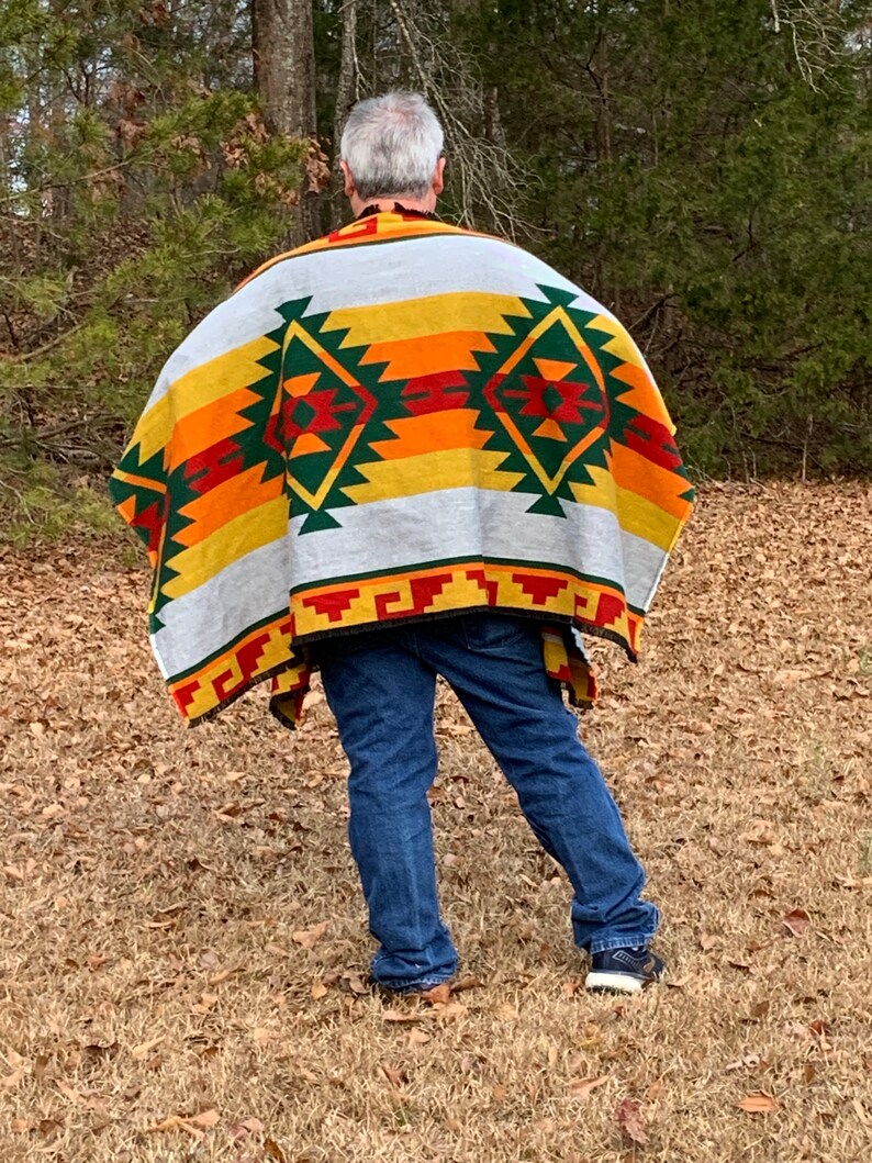 Woven Fabric Poncho in Native American Pattern Reversible Emerald Green ...