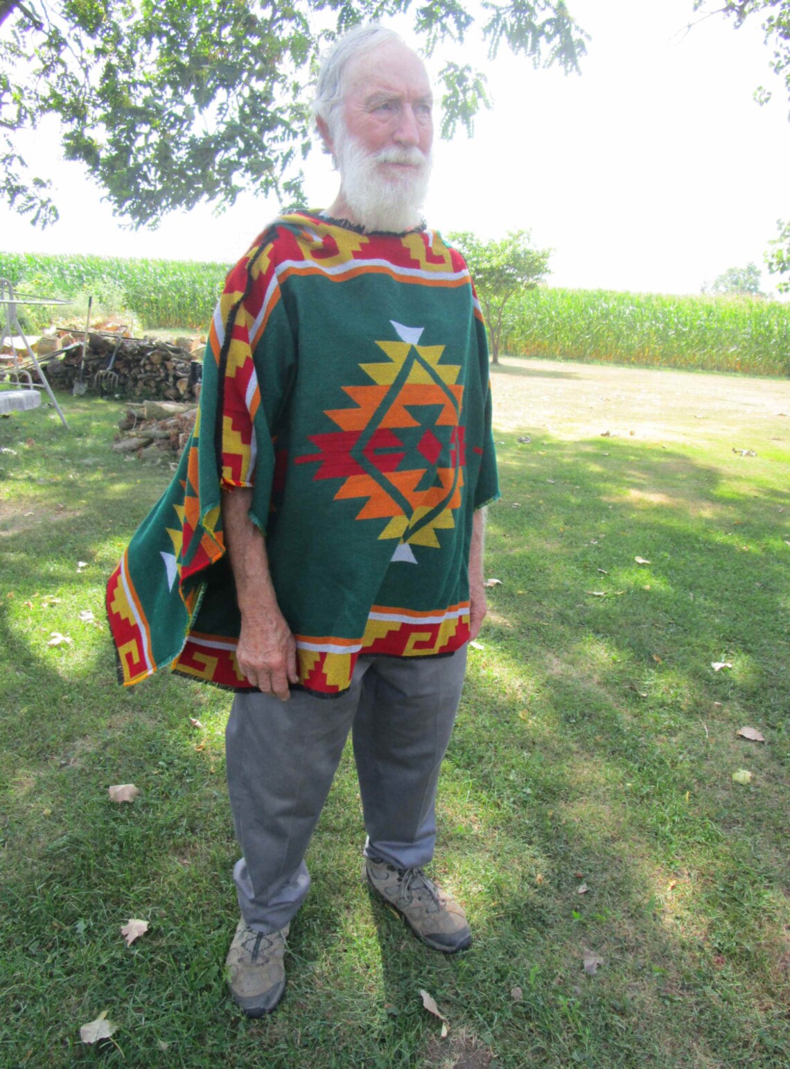 Woven Fabric Poncho in Native American Pattern Reversible Emerald Green ...