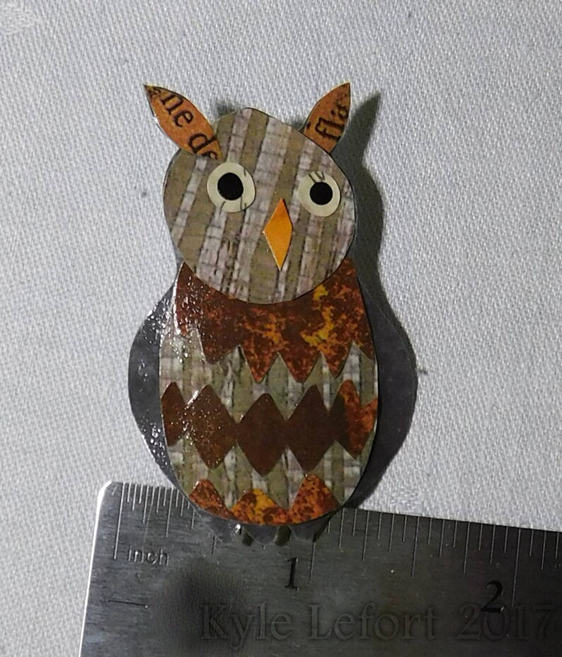 Paper Collage Owl Artsy Brooch Pin Rust Color and Gray | Etsy