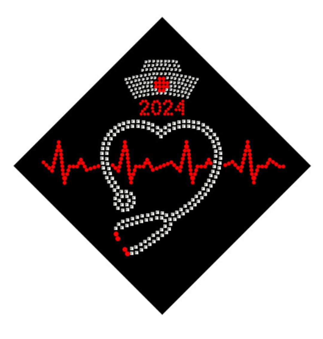 Nurse Heart Stethoscope Graduation Cap Bling Iron On, Grad Cap Iron on ...